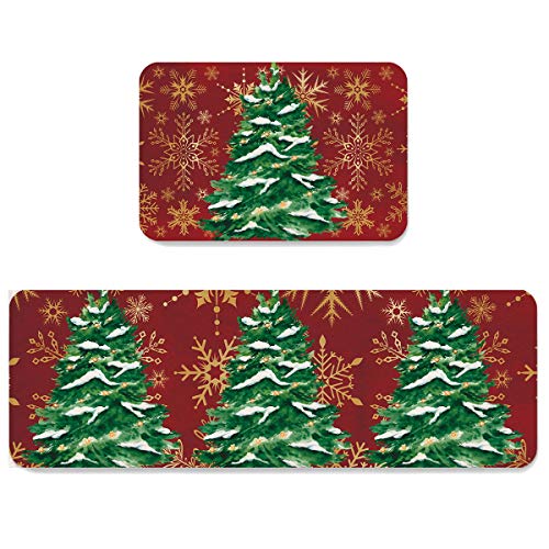 Kitchen Mat Set of 2 Anti-Fatigue Kitchen Rug, Christmas Trees Snowflake Watercolor Non-Slip Kitchen Mats and Rugs, Kitchen Doormat Runner Rug for Floor Home Office Sink Laundry, Red Geometric