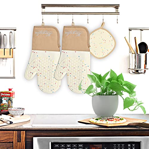 HaoYuFan Silicone Oven Mitts and Pot Holders Sets, Double Layer High Temperature Resistant Hot Pads and Oven Mitts, Cotton Lined Pot Holders and Oven Mitts Sets for Cooking, Grilling etc, Beige 3 Pcs