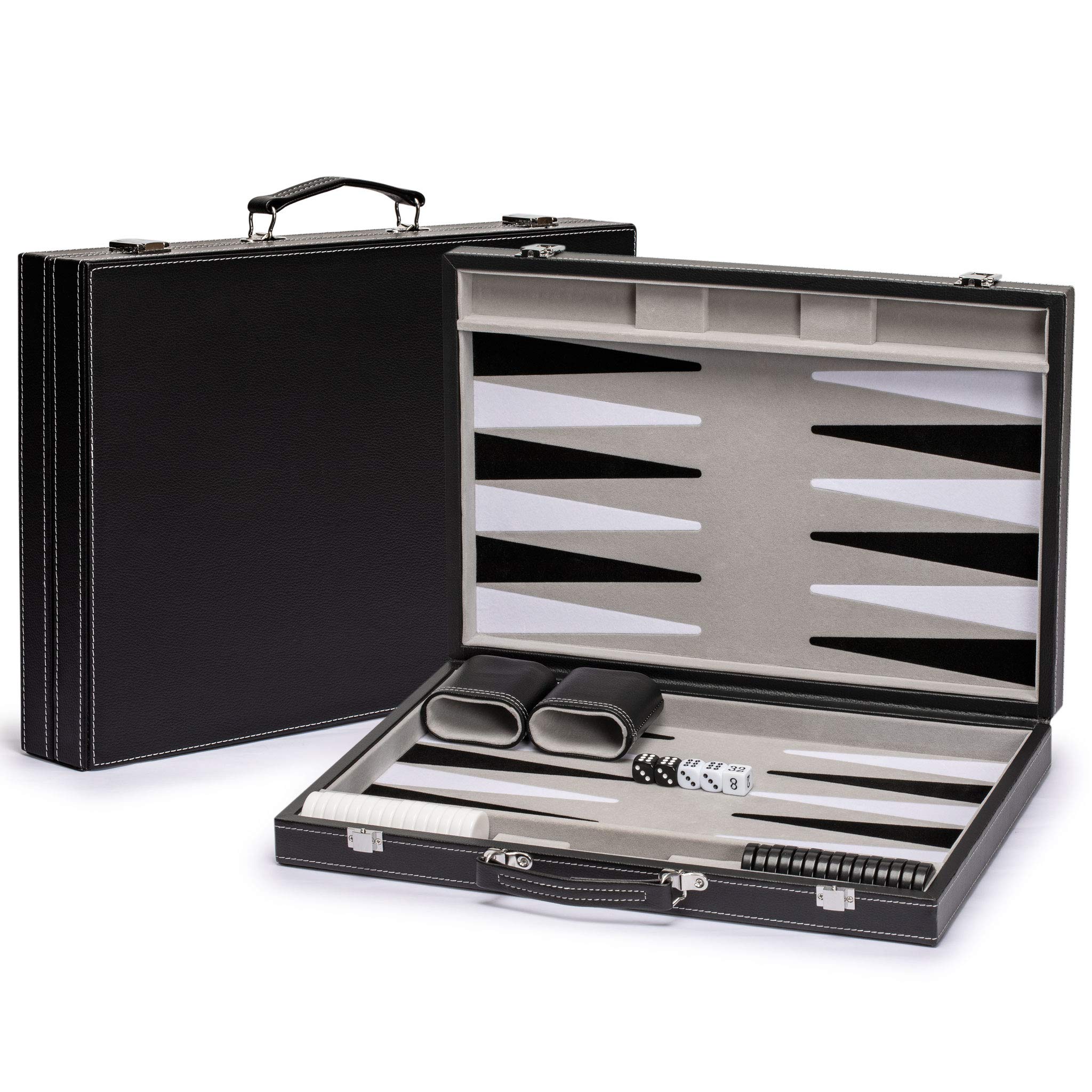 Yellow Mountain Imports Leatherette Backgammon Set, Antalya with Acrylic Checkers and Accessories - 17-inch Folding Board
