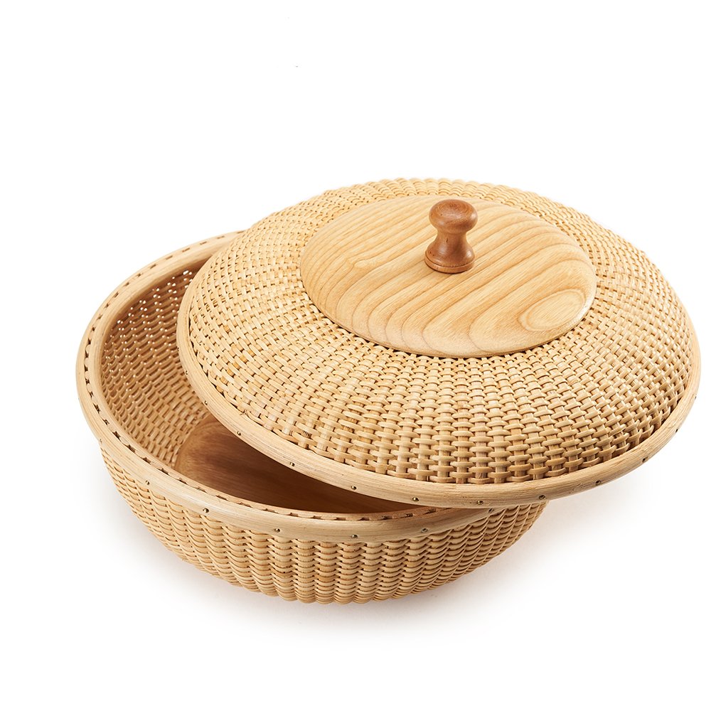 Teng Tian With Lid Nantucket Button Basket Cane-on-cane Handwoven Circular Household Basket Boxes for Shelf Home Organizer Coffee Dried Fuit Snacks Needles Thread and All