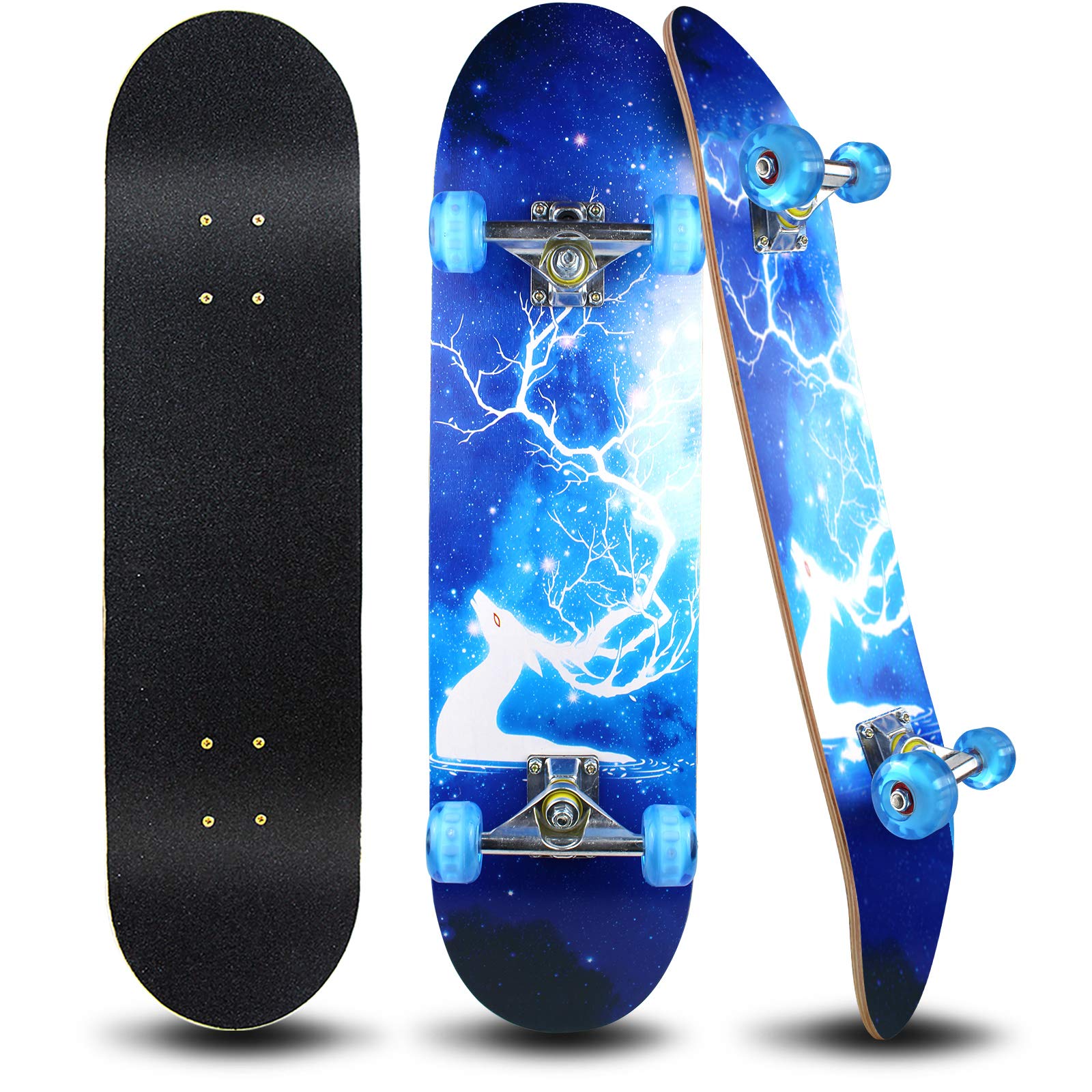Easy_Way Complete Skateboards- Standard Skateboards for Beginners Kids Boys Girls Teenager- 31''x 8''Canadian Maple Cruiser Pro Skate Board, Skateboards (Deer)