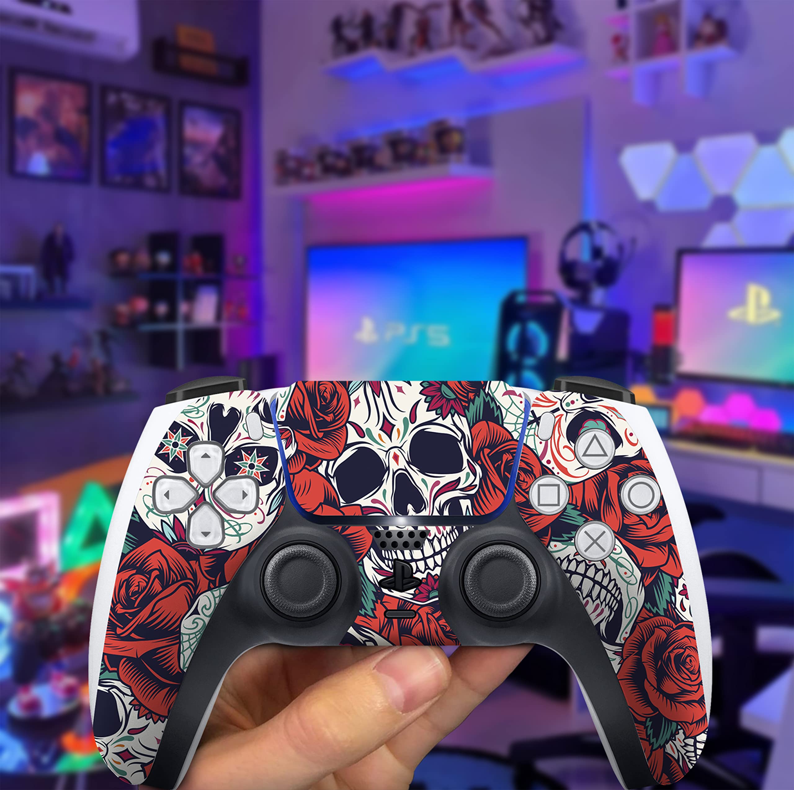 HK Studio Sugar Skull Decal Sticker Skin Specific Cover for PS5 Disc Edition - Waterproof, No Bubble, Including 2 Controller Skins and Console Skin