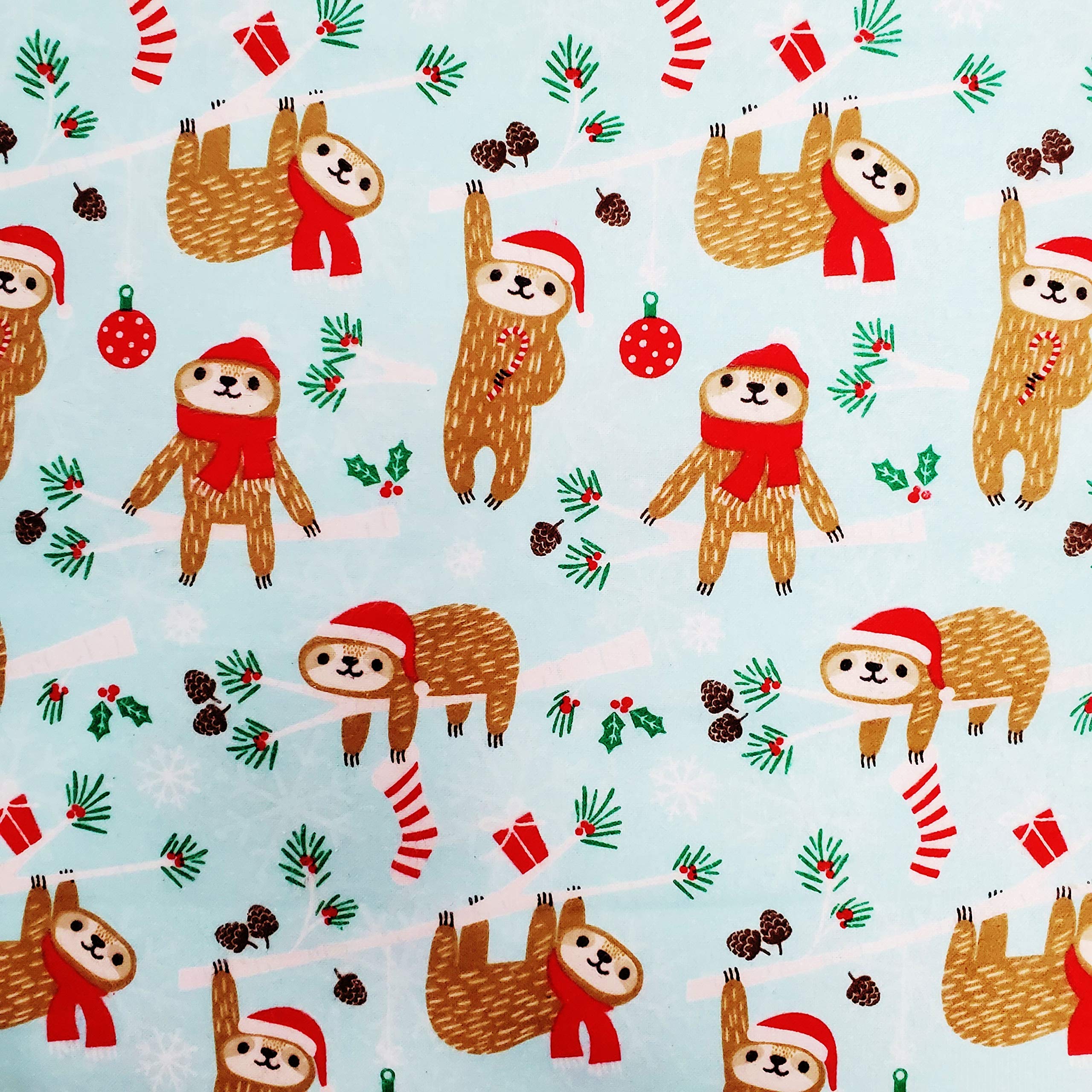 Fat Quarter - Christmas Theme Sloth Design - 100% Cotton Flannel Fat Quarter Fabric -