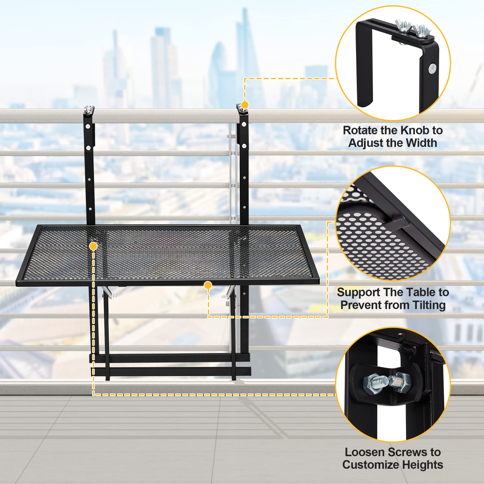Eusuncaly Balcony Railing Table Patio Folding Hanging Desk Balcony Bar Table for Railings,5-Level Height Adjustable,Metal Folding Table for Balcony Patio Deck Window,24" x 15.7" Black