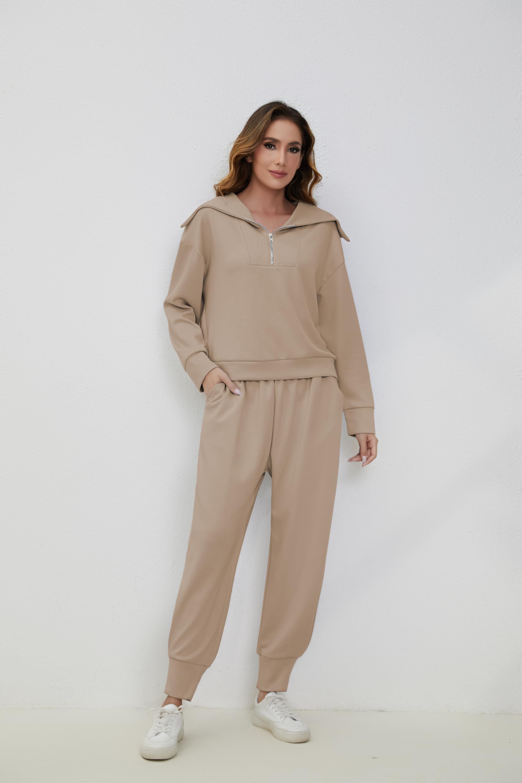 Eutten Womens 2 Piece Sweatsuits Sets Half Zip Long Sleeve Lapel Sweatshirt High Waist Sweatpants Two piece Tracksuits Sets