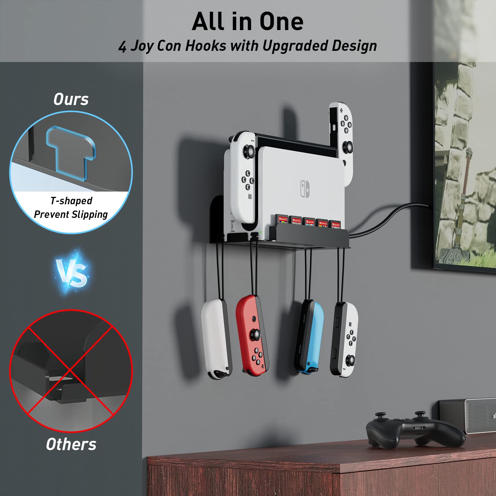 HANTNOOL Upgraded Wall Mount for Switch and Switch OLED, Metal Wall Mount Bracket with Back Airflow Gap Design, 4 Hooks for Joy Cons and 5 Game Card Holders (Black)