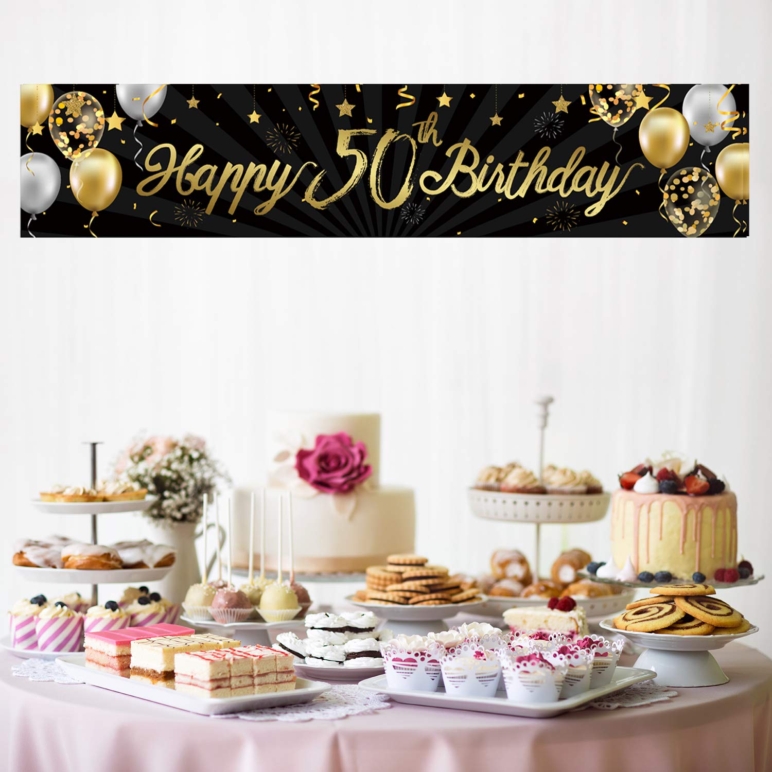 Happy 50th Birthday Banner Sign Gold Glitter 50 Years Birthday Party Decorations Supplies Anniversary Celebration Backdrop