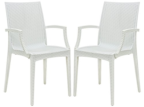 LeisureMod Hickory Weave Indoor Outdoor Patio Dining Side Armchair, Set of 2 (White)