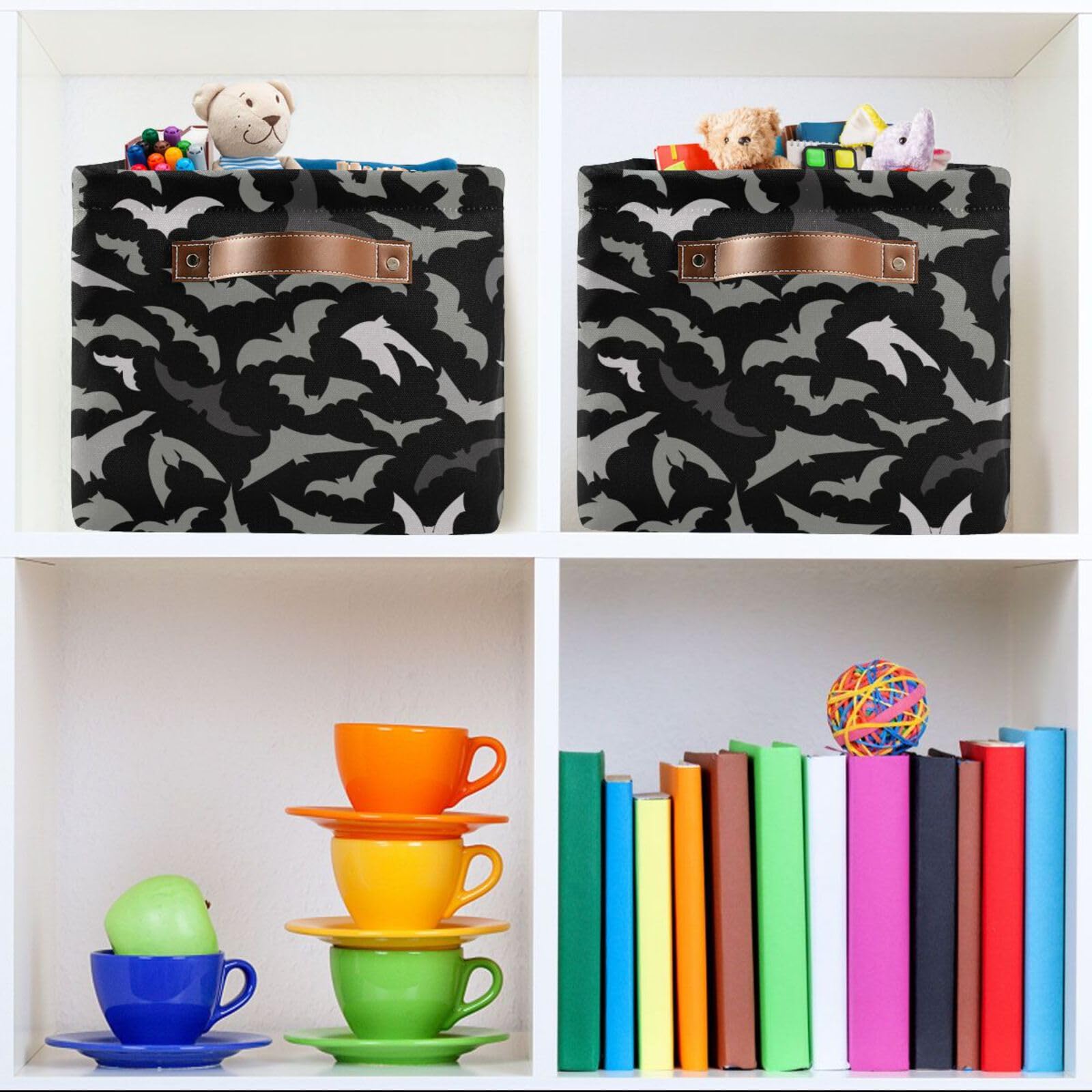 Sletend Halloween Bats Rectangular Storage Bin Foldable Sturdy Organizer Basket with Leather Handles for Organizing Home Office Nursery-1Pack