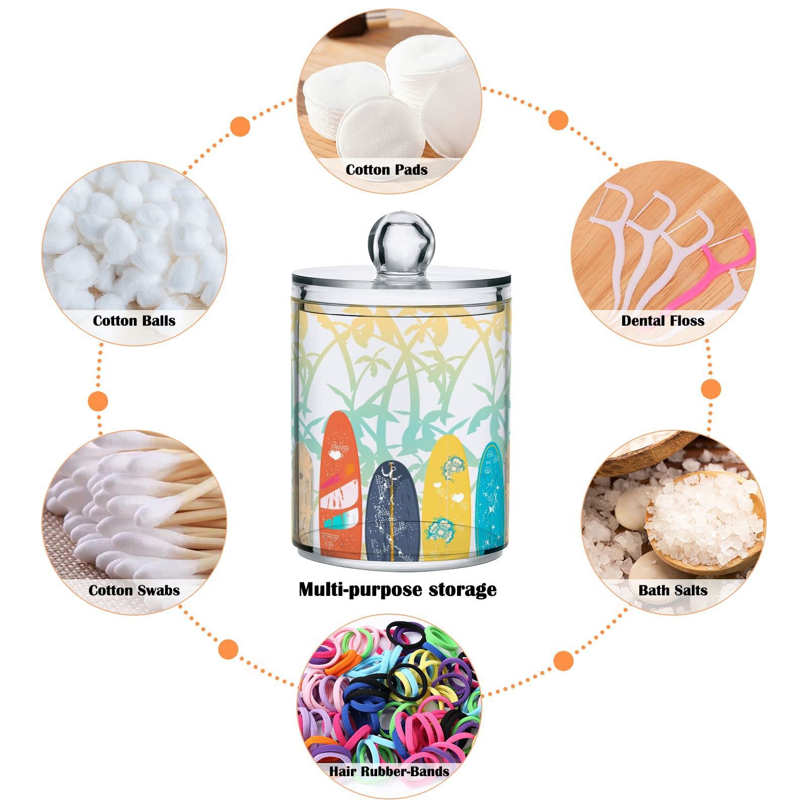 susiyo 2 Pack Bathroom Vanity Storage Organizer Canister Palm Trees Surf Boards Plastic Apothecary Jar Containers Qtip Holder Dispenser for Cotton Balls, Swabs, Makeup Sponges, Bath Salts, Hair Clips