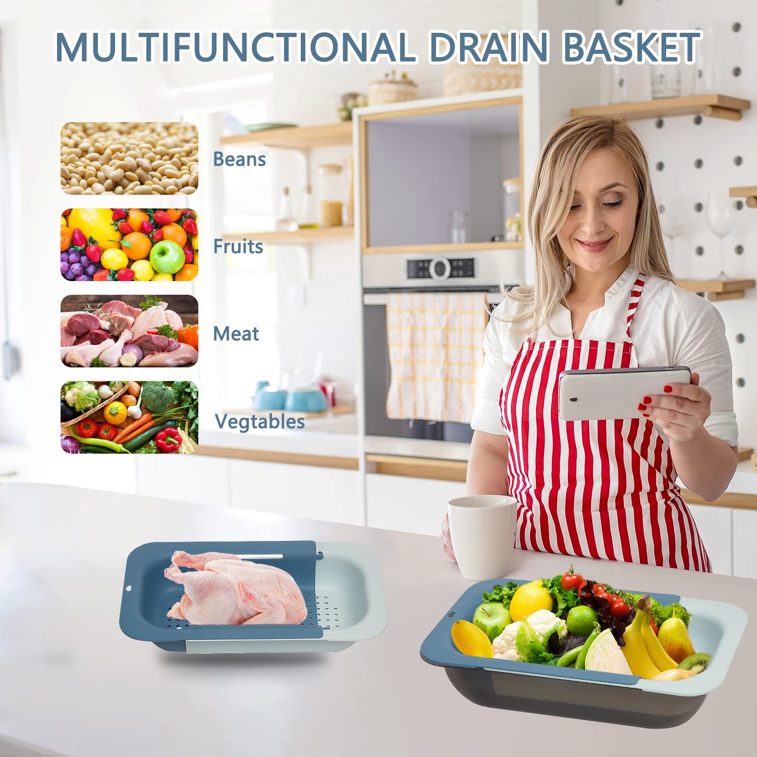 KanYool Over the Sink Strainer Colander Basket Collapsible Extendable Kitchen Food Fruits Vegetables Noodle Pasta Sink Drain Basket Retractable Plastic Adjustable Strainer Over Sink Washing Basket
