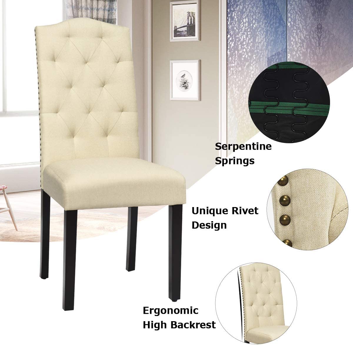 ERGOMASTER Dining Chairs Set of 4 Adjustable Parsons Chairs Anti-Slip Foot Dining-Chair Fabric Kitchen Chair with Solid Wood Legs - Beige