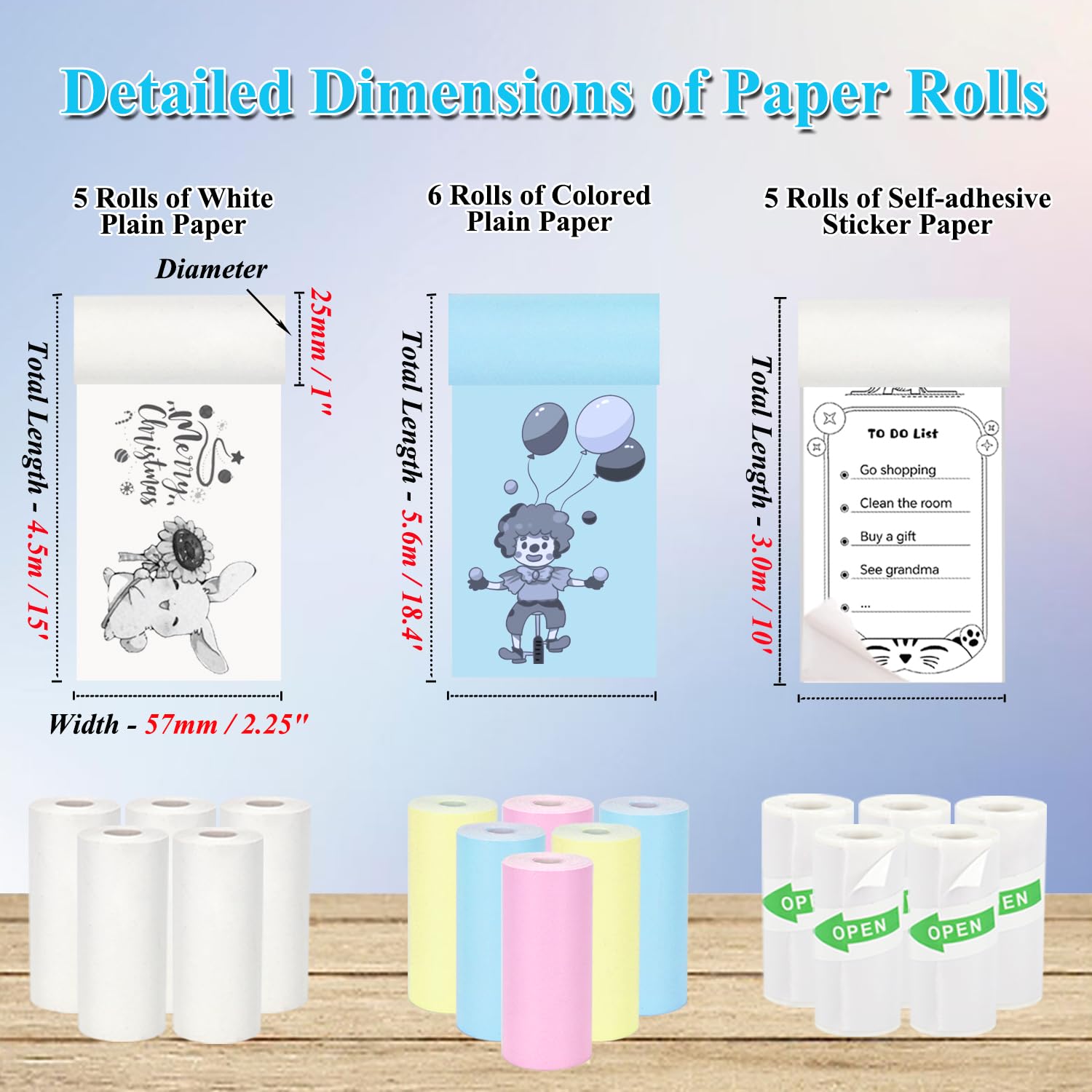 Vicbear 16 Rolls Mini Printer Paper, Including 5 Thermal Sticker Paper Rolls, 6 Colored, and 5 White Plain Paper Rolls for Mini Thermal Printer, 57x25 mm, Compatible with Most Mini Receipt Printers