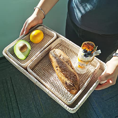 Set of 3 Handmade White Rattan Rectangle Serving Tray Washed White Wicker Serving Organizer Tabletop Fruit Platter with 2”Wall 14 Inch Decorative Bread Drinks Snack Storage Serving Basket Tray