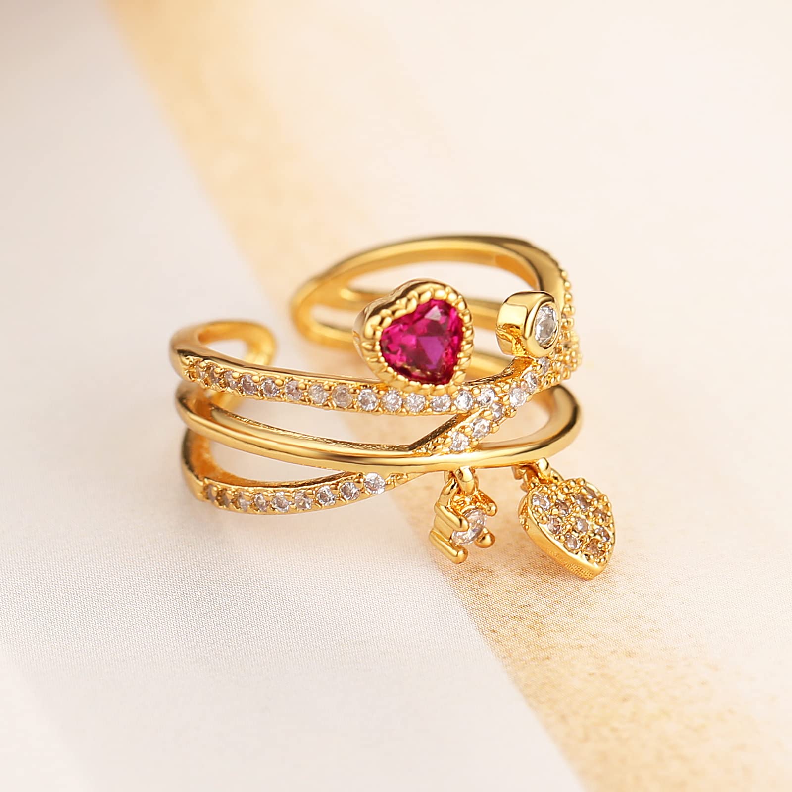 HZMAN Ladies 14K Gold Plated Ring Ladies Cubic Zirconia Heart Adjustable Stackable Wedding Engagement Ring Jewelry Gift