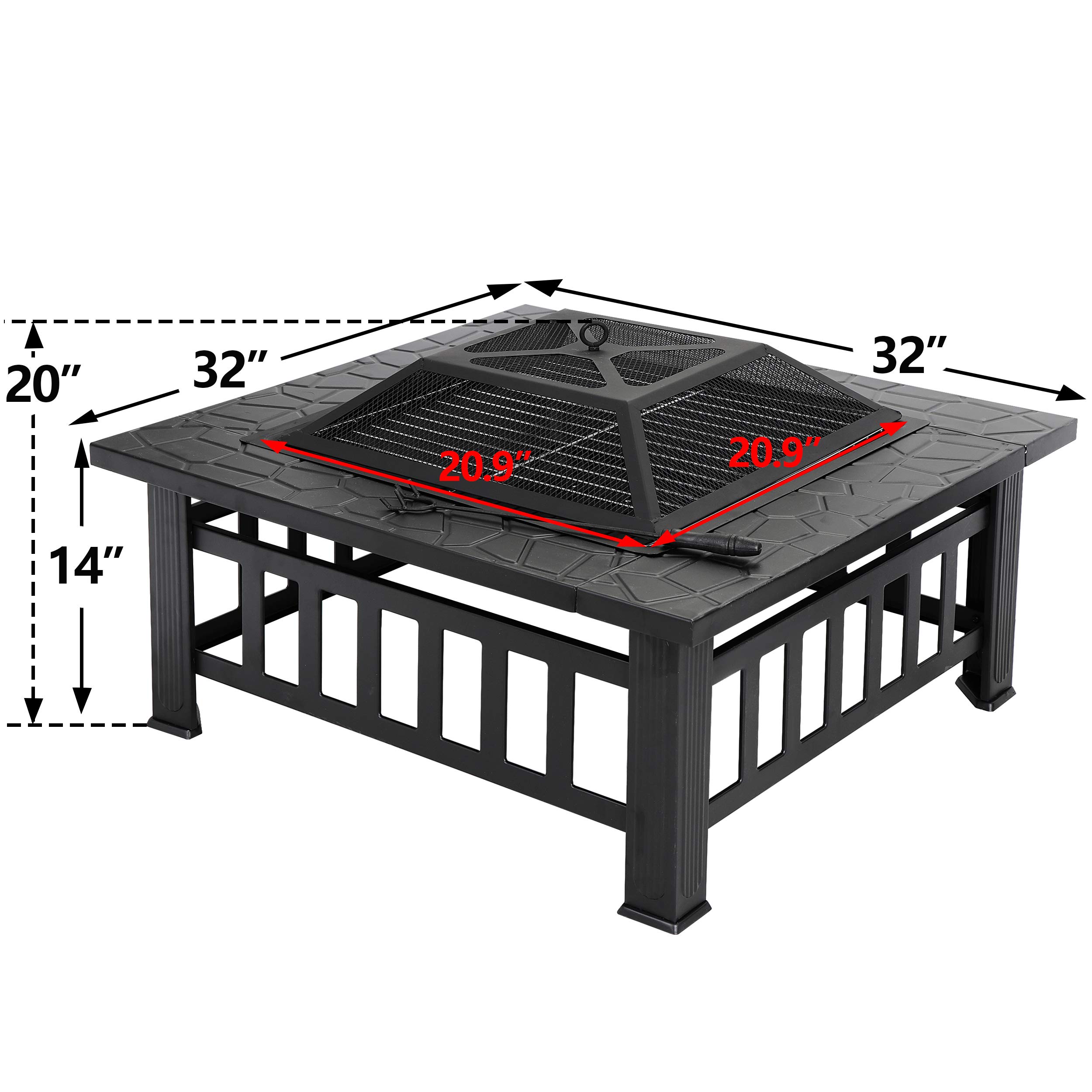 LEMY 32 inch Outdoor Fire Pit Square Metal Firepit Backyard Patio Garden Stove Wood Burning Fire Pit W/Rain Cover, Faux-Stone Finish
