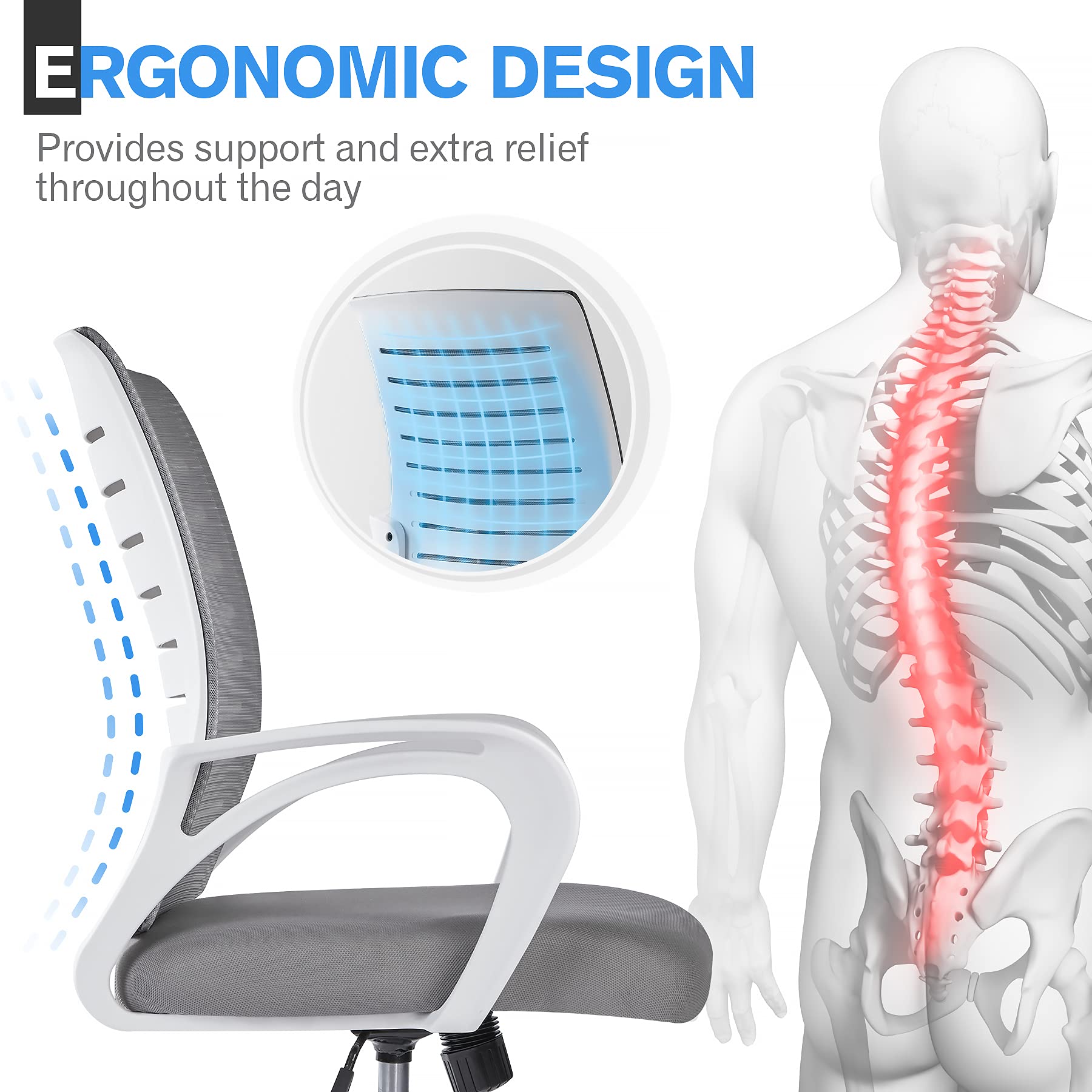 Home Office Chair, Ergonomic Computer Desk Chair with Upgraded Crystal Clear Rubber Casters Adjustable Swivel Rolling Mesh Mid Back Task Chair with Lumbar Support Armrests for Women Men Adult