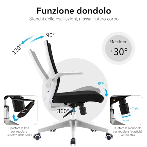 SIHOO Ergonomic Office Chair, Swivel Desk Chair Height Adjustable Mesh Back Computer Chair with Lumbar Support, 90° Flip-up Armrest (Black)