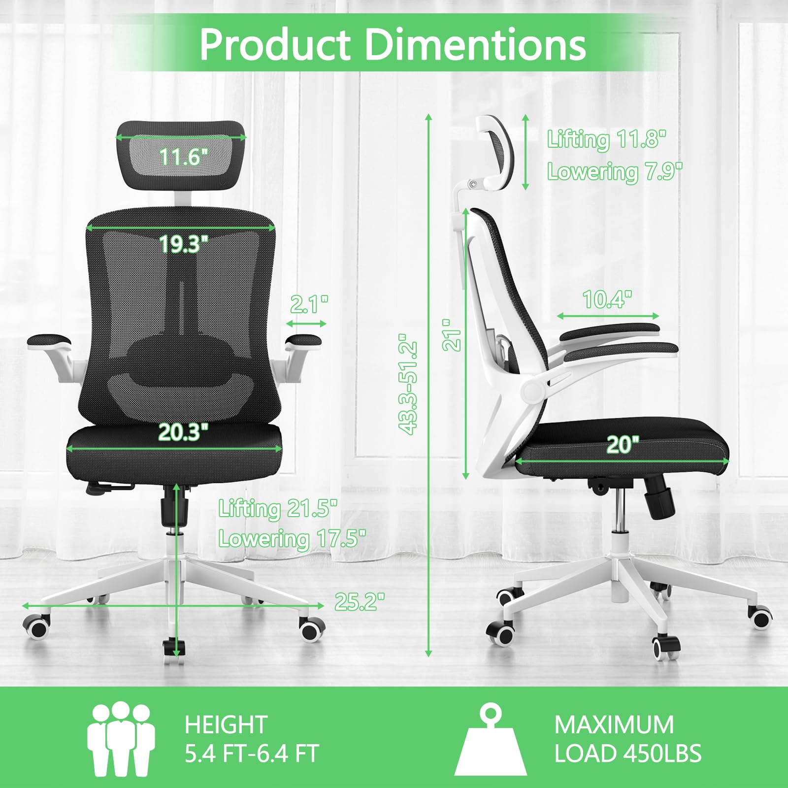 Ergonomic Office Chair, Home Office Desk Chair with Adjustable Headrest & Lumbar Support, Swivel High Back Computer Chair, Breathable Mesh Chair, PU Silent Wheels, Flip-Up Arms (Onyx Black)