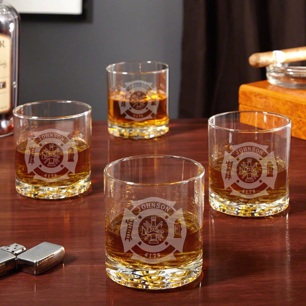HomeWetBar Fire & Rescue Engraved Buckman Whiskey Glasses, Set of 4 (Personalized Product)