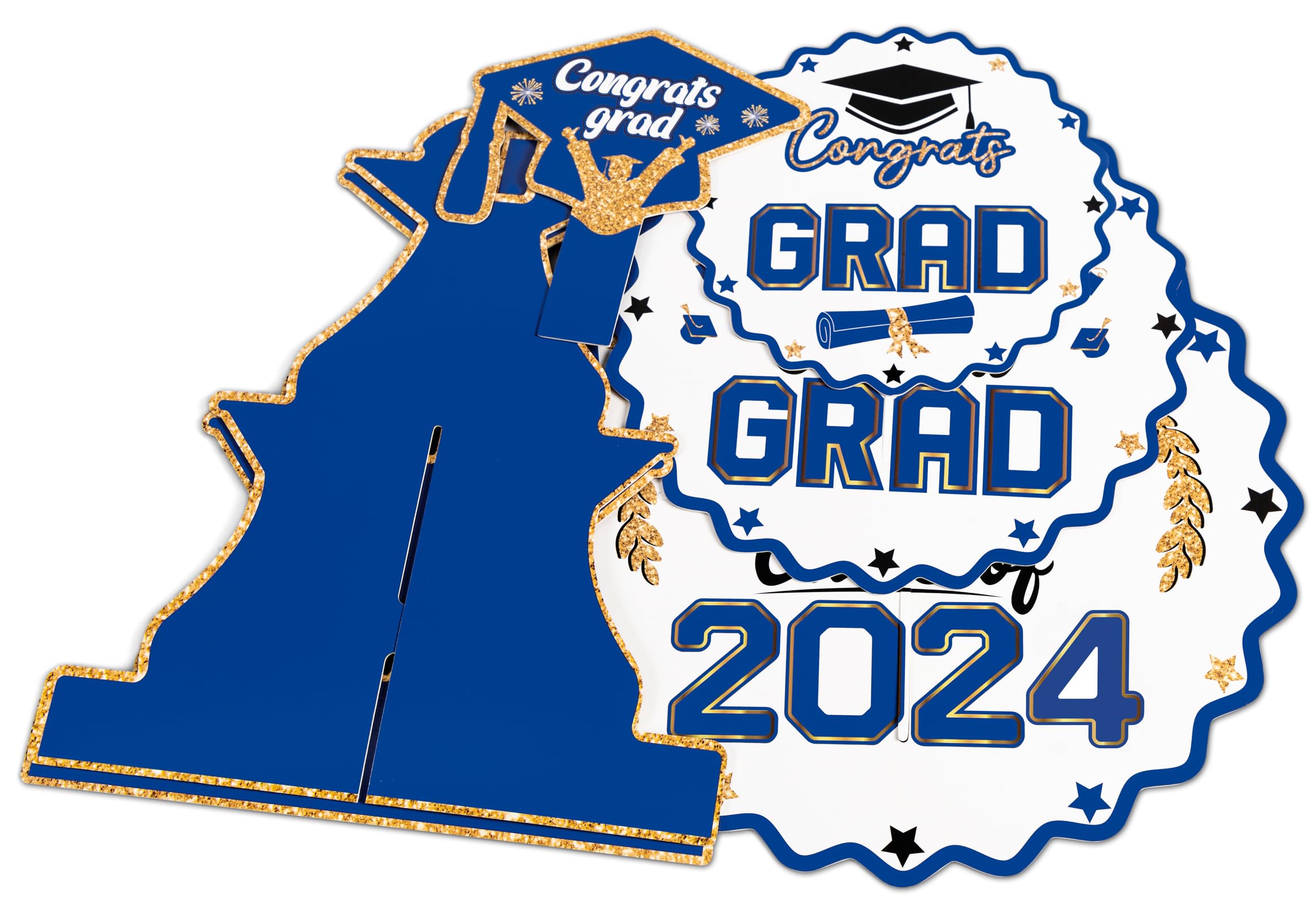 jollylife 2 Set Graduation Decorations Class of 2024 Blue and Gold Cupcake Stand,3-Tier Cardboard Congrats Grad Tower Plus 24 Cake Toppers Party Supplies Decor(Assembly Needed)