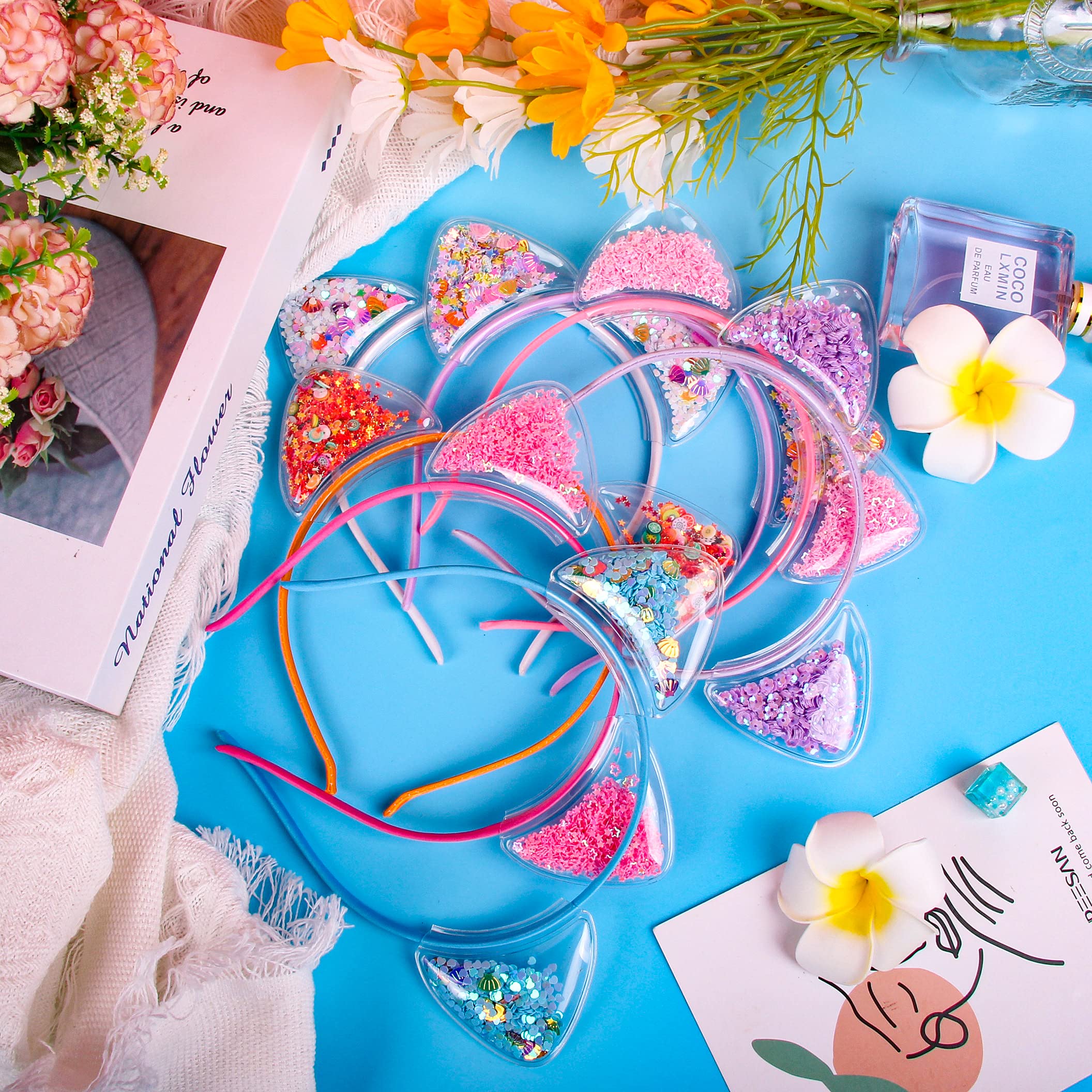 Fishdown Cute Cat Ears Headbands Set for Girls Plastic Headbands for Non-slip Transparent Cat Ears Headbands Quicksand(7pcs Per Pack Each Color 1pcs)