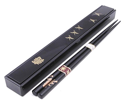 Happy Sales HSKS1/B, Japanese Black Chopsticks Set with Case - Crane Design Black
