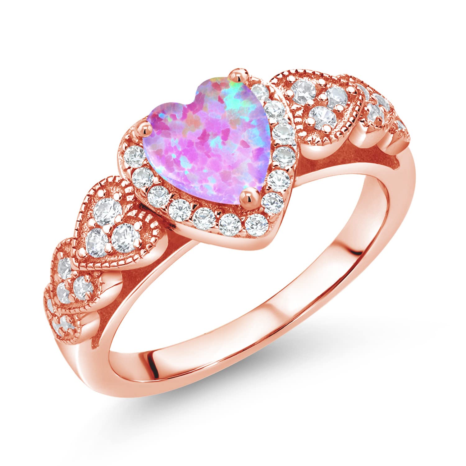 Gem Stone King 18K Rose Gold Plated Silver Ring Heart Shape Simulated Opal and Moissanite (0.93 Cttw) (Size 6)