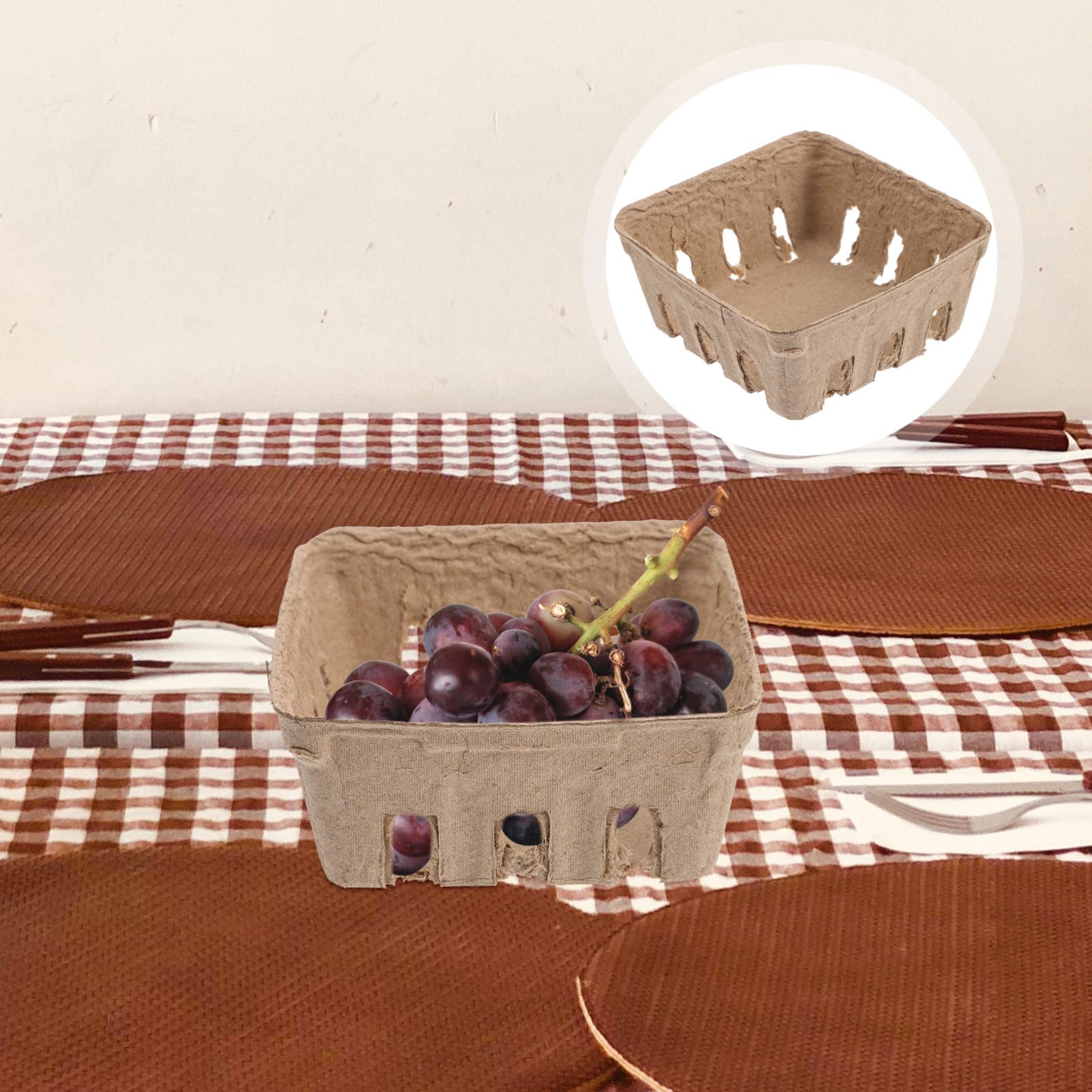 GANAZONO Bushel Basket 50pcs Square Paper Berry Basket Pulp Fiber Produce Vented Container Holder Box Fruit Tray for Fruit Vegetable Farmer Market Grocery Packaging Desktop Stand