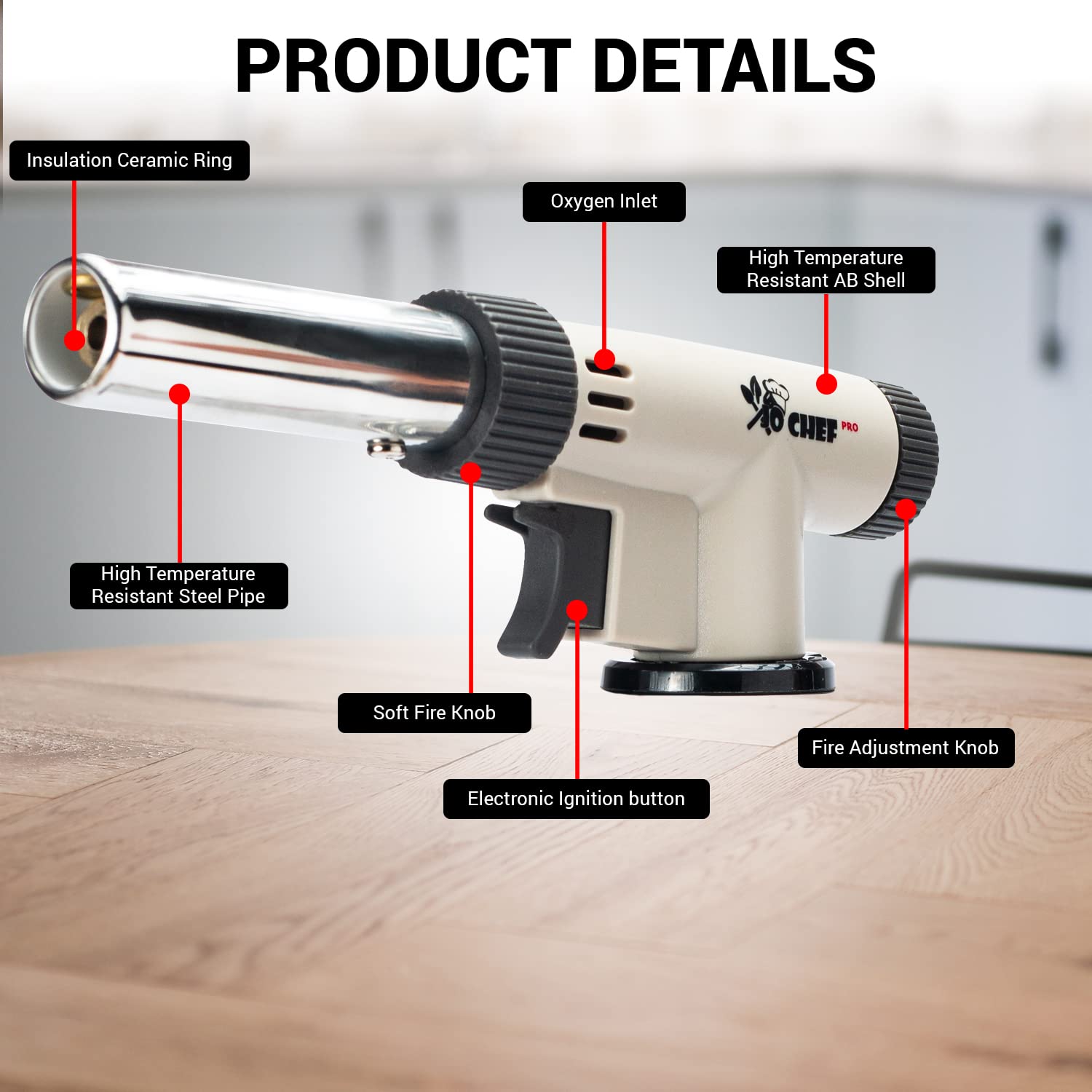 Jo Chef Pro Butane Torch - Refillable Torch Lighter Head, Hand Held Small Kitchen Torch with Adjustable Flame - Culinary Blow Torch, Creme Brulee Torch, Baking, BBQ, Including 2 Butane Canisters