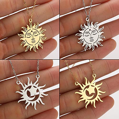 Mountain Forest Necklace Personalized Geometric Round Stainless Steel Hollow Pendant Clavicle Chain Ladies Necklace (Sun-Silver 2)