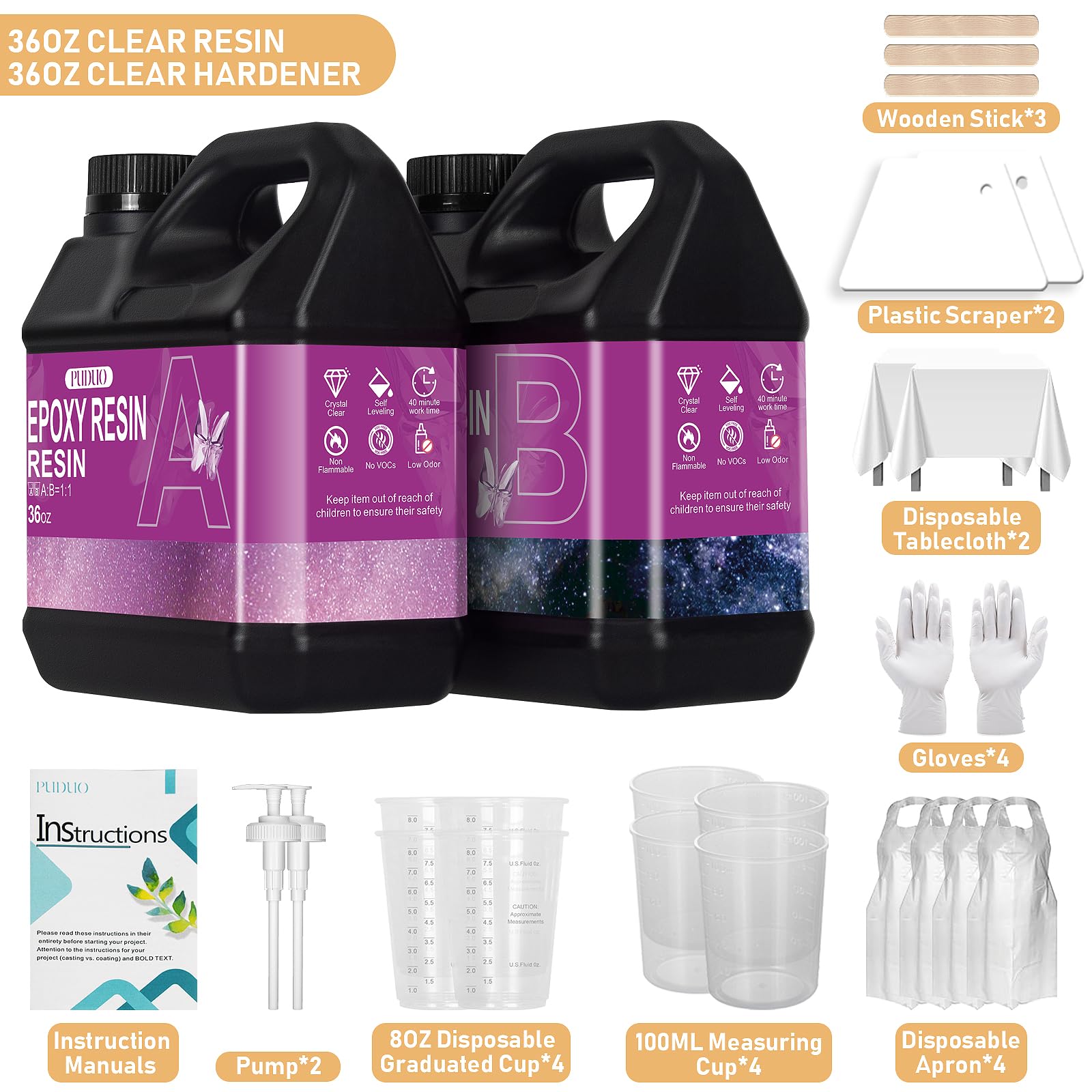Puduo Epoxy Resin Kit 72OZ,Newly Formulated Crystal Clear Epoxy Resin,Strong, Bubble-Free, Anti-Yellowing Art Resin That,Suitable for Casting, DIY, Resin Art, Molds, Jewelry, Easy to Mix 1:1 Ratio