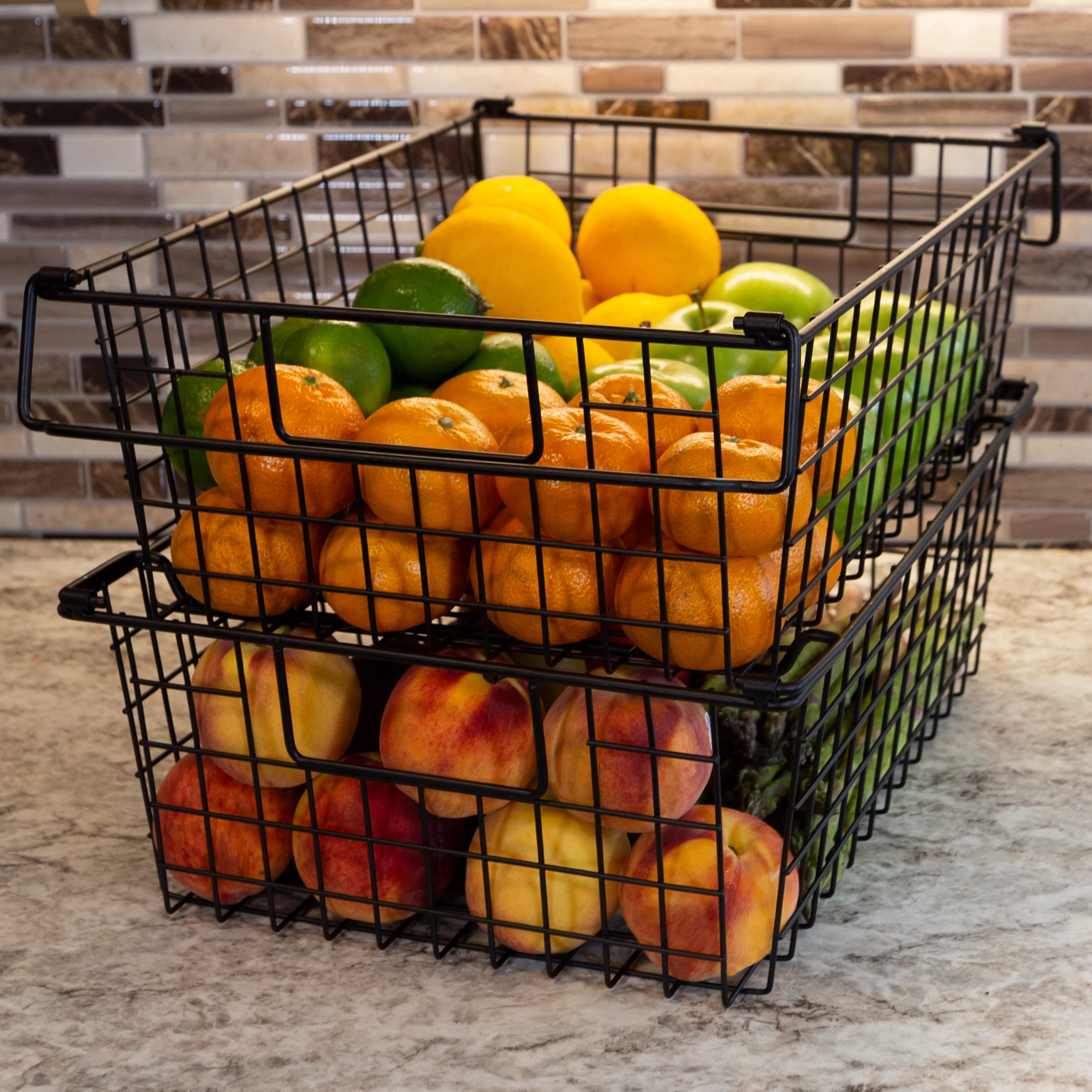 Home-Complete Nesting Storage Bins Stackable Wire Baskets, Set of 2, Large, Black, 2 Each
