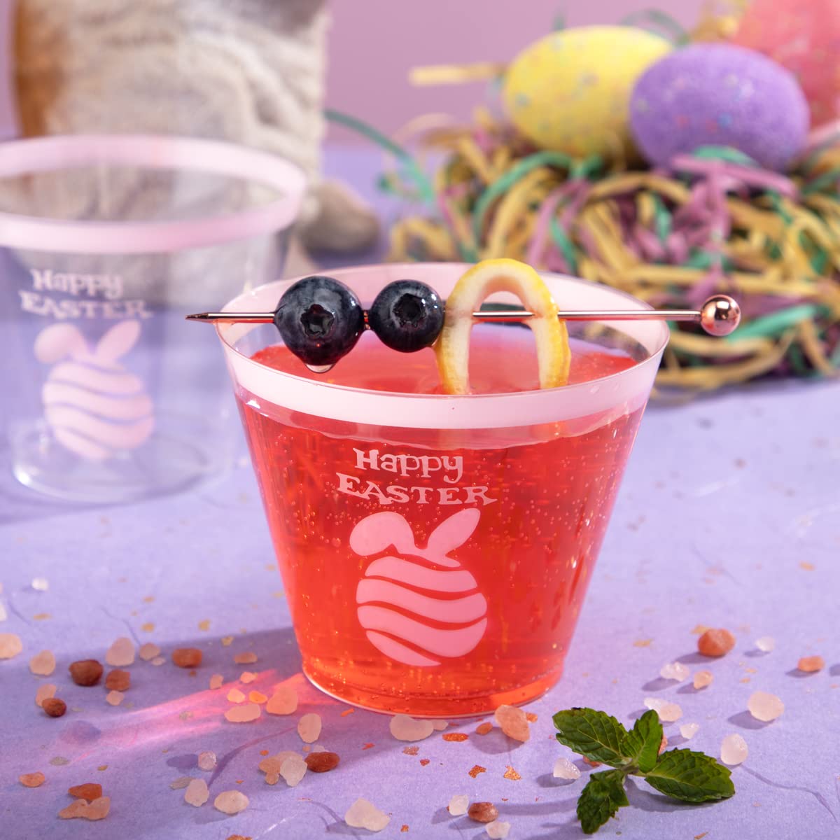 I00000 100Pack Happy Easter Pink Plastic Cups, 9 Oz Clear Disposable Cups Pink Party Cups Plastic Wine Cups Drink Cups Cocktail Glasses with Happy Easter Bunny Ears Eggs Design for Party Celebration