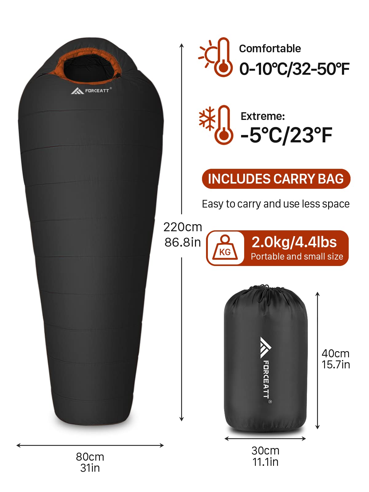 Forceatt Mummy Sleeping Bag for 3-4 Seasons,Use Temperature is 14°F-59°F, Backpacking Sleeping Bag for Adults and Kids,Warm,Tearproof and Waterproof,for Camping (Thickened-Black & Red)