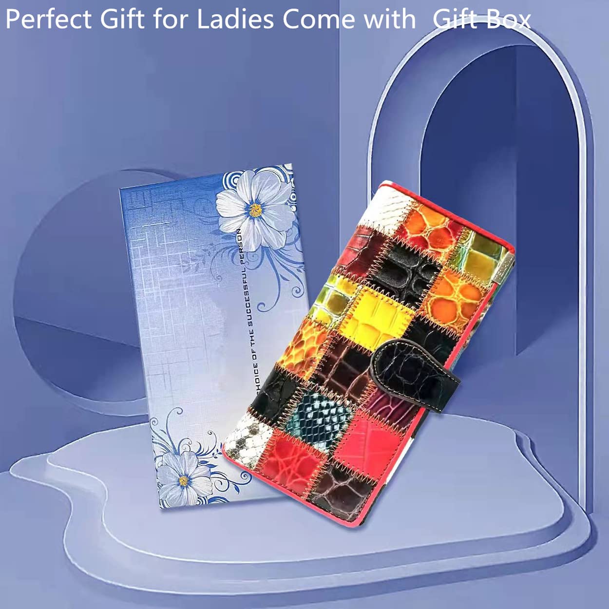 IAGOM Women Multicolor Wallets Leather Clutch Long Wallet for Women Card Holder Organizer Travel Purse with Box