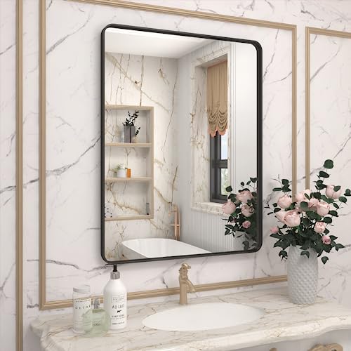 VANLIO Black Framed Bathroom Mirror, 28x36 Rectangle Matte Black Bathroom Mirror for Wall with Round Corner, Tempered Glass, Non-Rusting, Modern Farmhouse Metal Frame Mirror(Horizontal/Vertical)