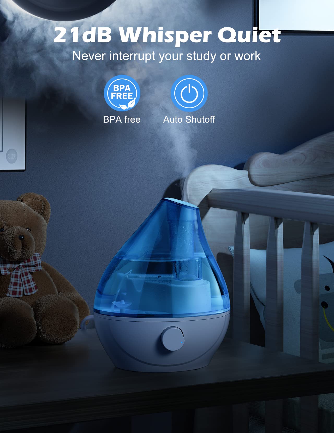 Humidifiers for Bedroom, 1.8L Cool Mist Humidifier, Cool Mist Vaporizer for Home, with 21dB Quiet for Baby Nursery, Easy to Clean Home Humidifier with Dial Knob Control, BPA-Free, 24 Hours Runtime