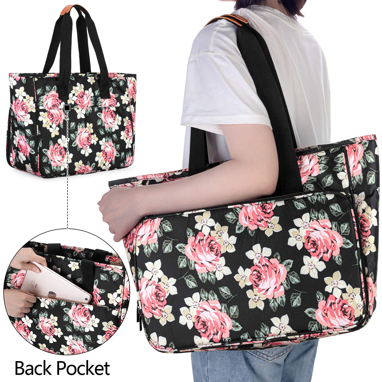 Yarwo Embroidery Project Bag, Embroidery Kits Storage Bag with Multiple Pockets for Embroidery Hoops (Up to 11.2"), Embroidery Floss or Other Embroidery Supplies, Black Peony (Bag Only)