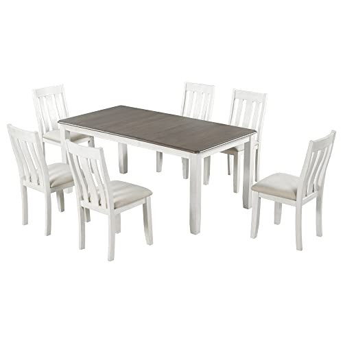 ODC Retro Style 7-Piece Kitchen Dining Sets for 6-8, Rustic Farmhouse Wood Extendable Table with 6 Upholstered Chairs, Ergonomically Design Kitchen &Restaurant Furniture for Six, White