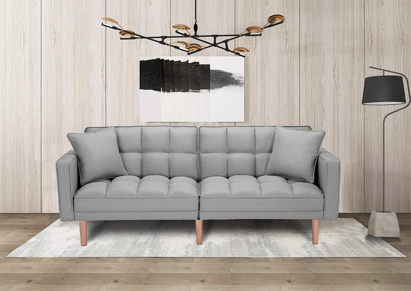 SLEERWAY Modern Futon Sofa Bed, Convertible Sleeper Sofa with Armrests and 2 Pillows, Recliner Couch with 5 Solid Wooden Legs, Twin Size Sofa for Living Room Handpicked Fabric (Light Grey)