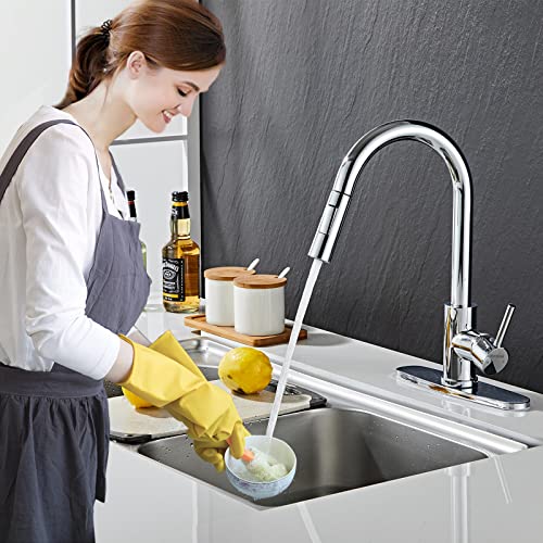 KSUCBOHAR Kitchen Faucets with Pull Down Sprayer,Single Handle High Arc Kitchen Sink Pull Out Faucet with Deck Plate,Commercial Modern Stainless Steel rv Kitchen Faucet,Glossy