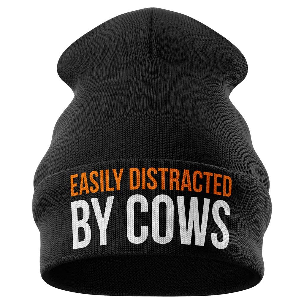 Farming Gifts - Easily Distracted by Cows Funny Beanie Hat - Tractor Gifts Farmers Gifts Black