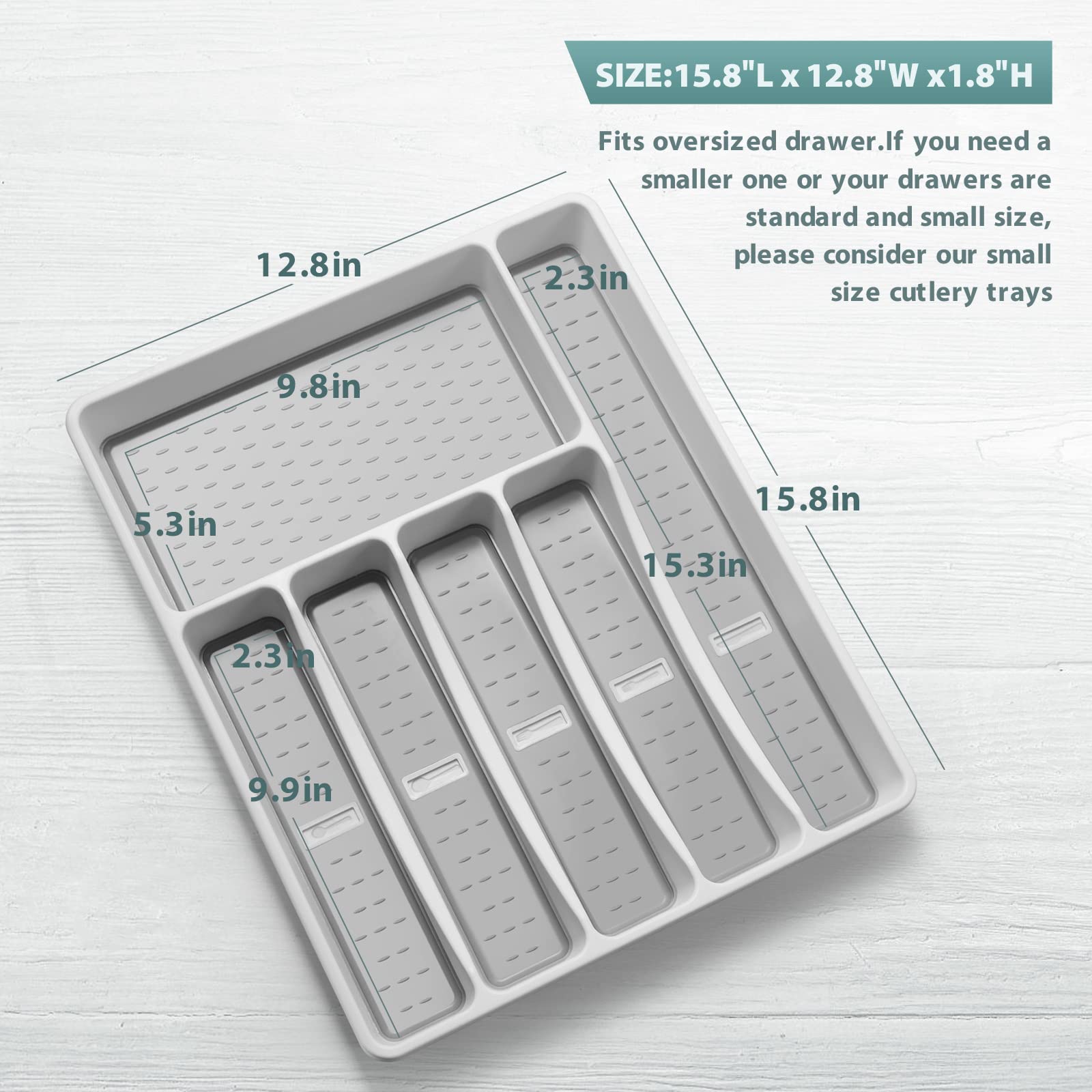 Joequality Silverware Organizer with Icons,Plastic Cutlery silverware Tray for Drawer,Utensil Tableware Flatware Organizer for Kitchen with Non-slip TPR,Fits Oversized Drawer,6-Compartment,Grey