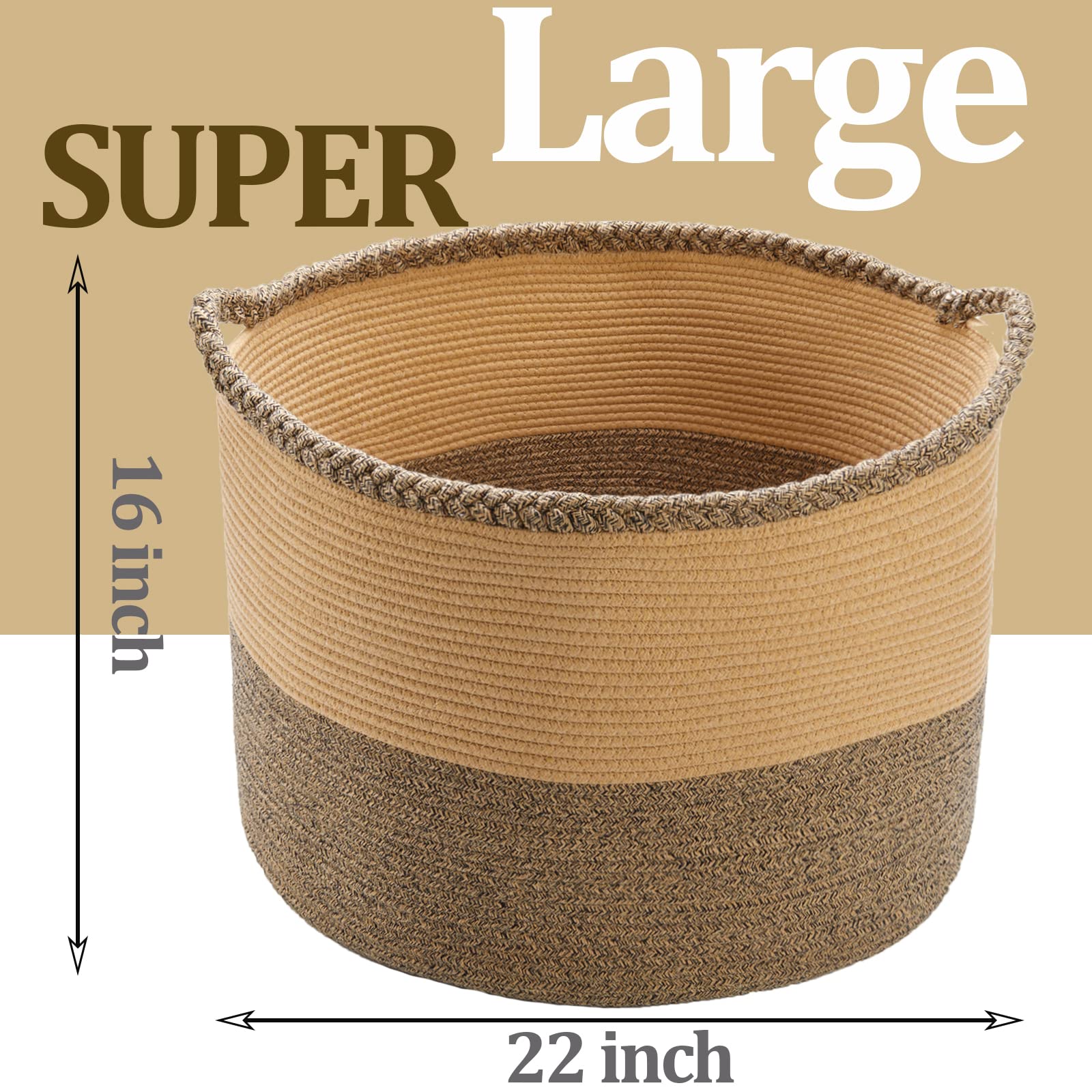 Turnextte Cotton Rope Basket, 22'' X16'' Super Large Blanket Storage Basket, Large Woven Laundry Basket with Reinforced Handles, Blanket Basket Living Room, Black and Brown