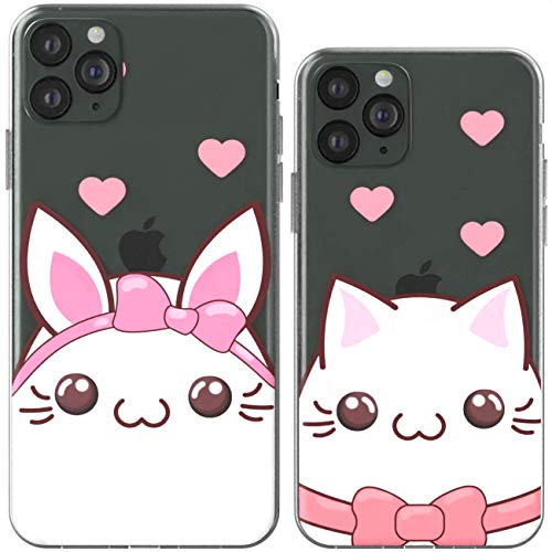 Toik Matching Couple Cases for Apple iPhone 11 Pro Xs Max Xr 10 X 8 Plus 7 6s 5s SE Kawaii Flexible Design Cat Clear Girlfriend Cute TPU Lovely Protective Gift Print Silicone Bow Bunny