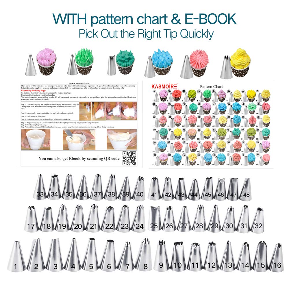 Kasmoire 70 Pcs Cake&Cupcake Decorating Supplies Tips kit-48 Numbered Piping Tips & 6 Reusable Pastry bag with Pattern Chart - Flower Nail, Icing Spatula,Cleaning Brush, 6 Couplers & Icing Bag Ties