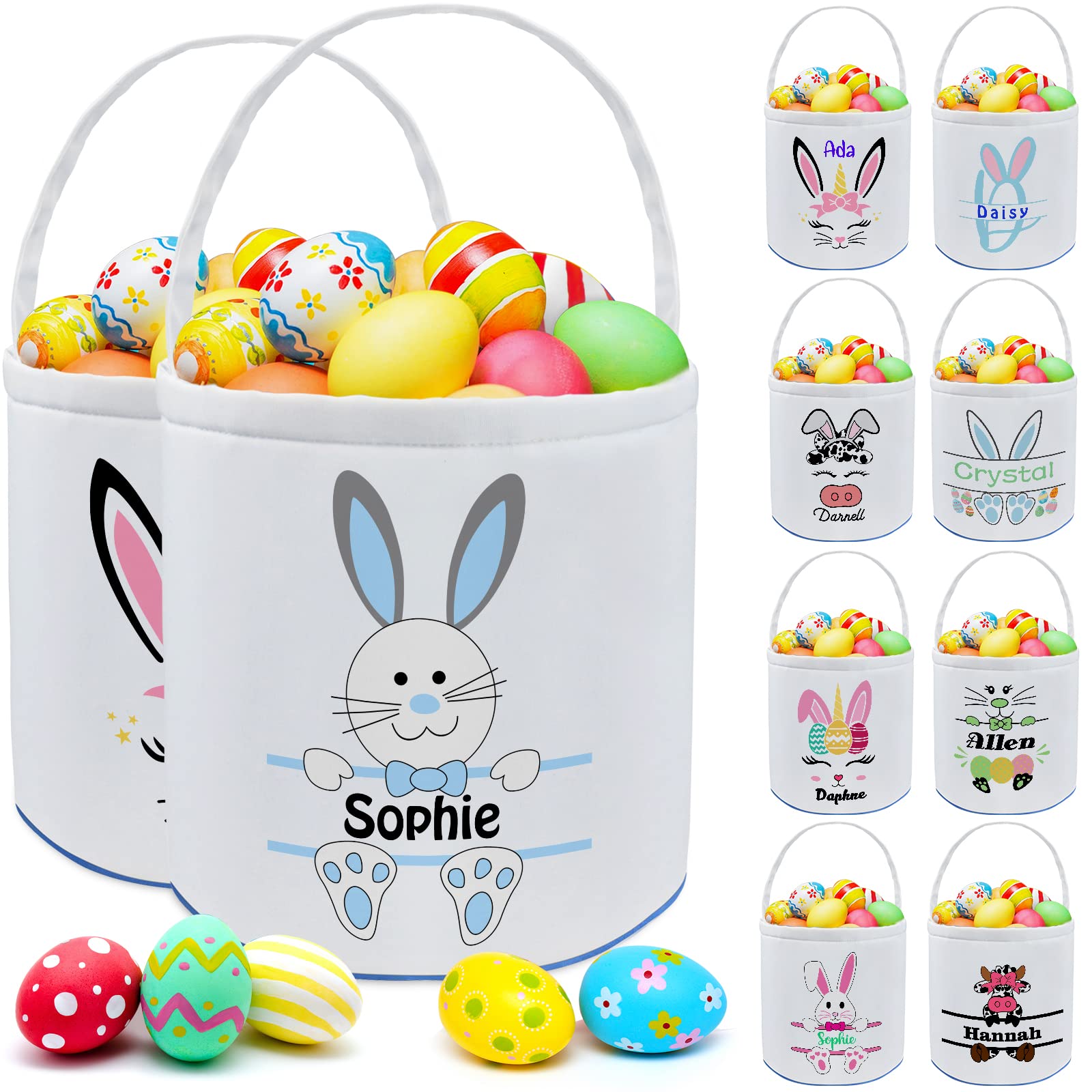 XJone Personalized Custom Easter Buny Baskets for Boys Girls with Name Customized Canvas Cotton Egg Tote Gift Bags