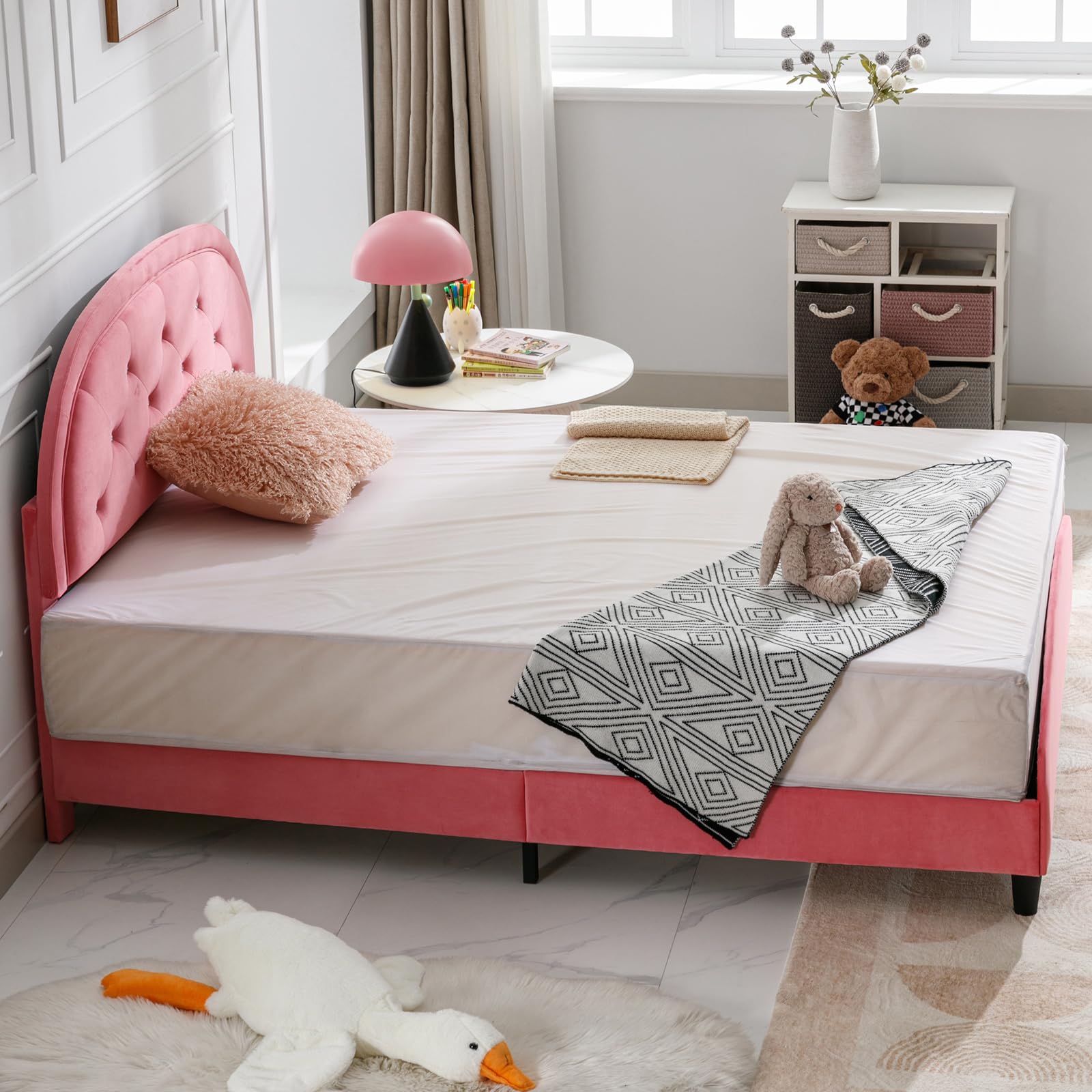 PUREMIND Twin Bed Frame for Kids, Kids Bed with Crystal Tufted Headboard, Princess Bed for Childs, Pink Dutch Velvet, Non-Slip Legs, Solid Wood Slats, Easy Assembly-Crystal Twin