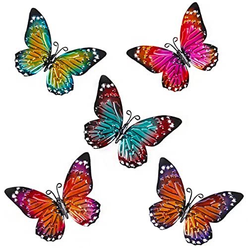 MIYOLO 5 Pcs Metal Butterfies Fence Yard Art Garden Decor, 6.5" Butterfly for Outdoor Patio Backyard Balcony Sculpture, Colorful in Bulk